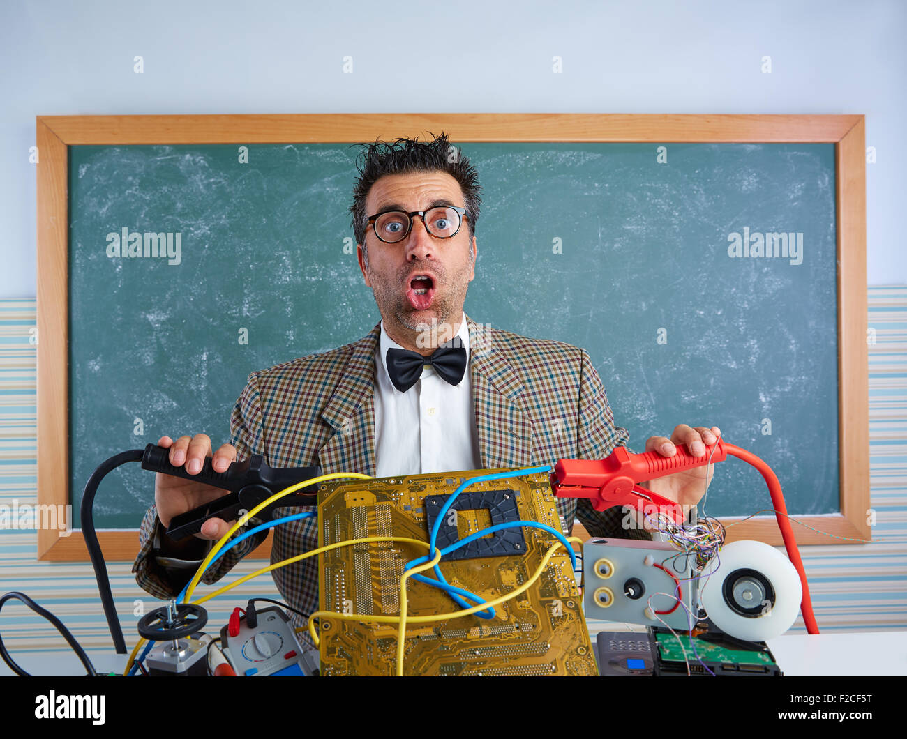 Nerd electronics technician retro teacher silly expression with big ...