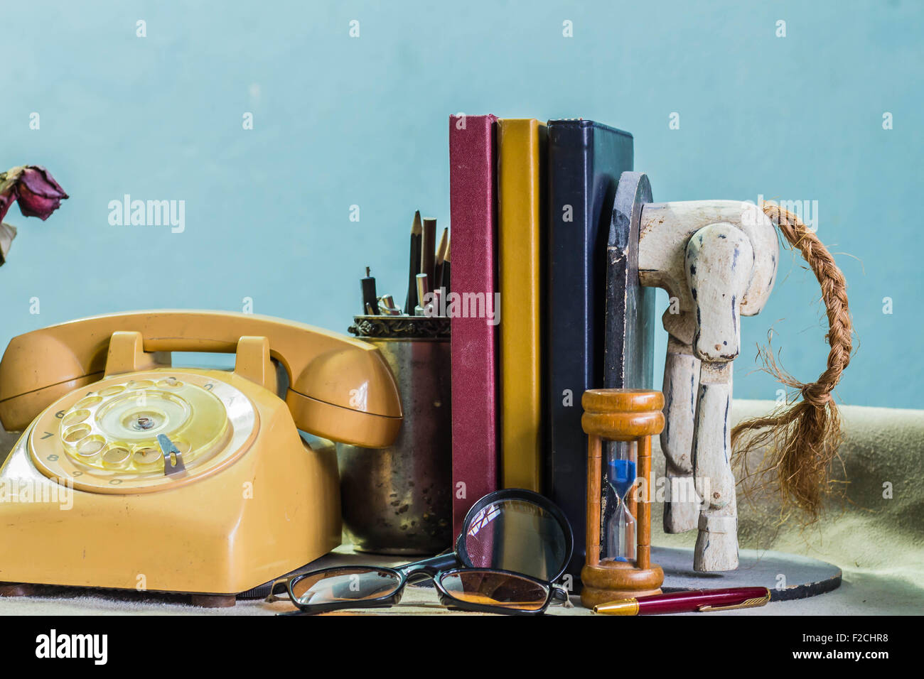 Stationery on the desk with a vintage image Stock Photo - Alamy