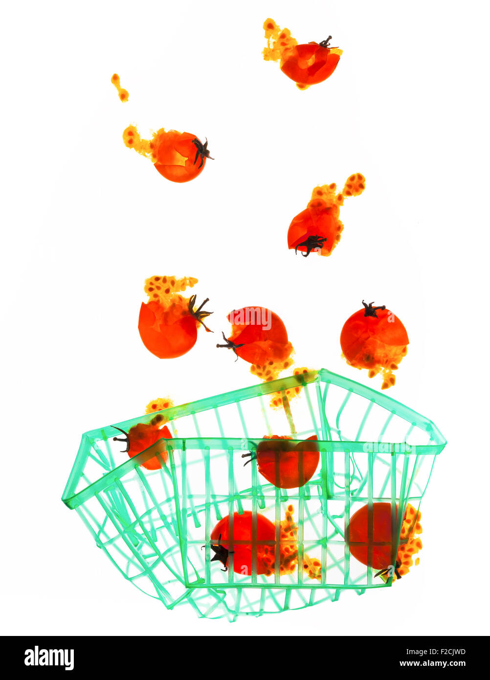 Smashed cherry tomatoes rise out of a flattened plastic green carton ...