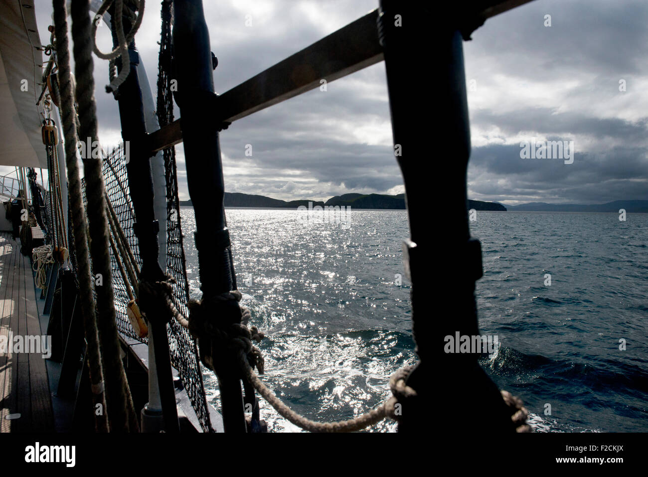 Tall ship sailing ,here in Outer Hebrides in Scotland,ropes and rigging ...