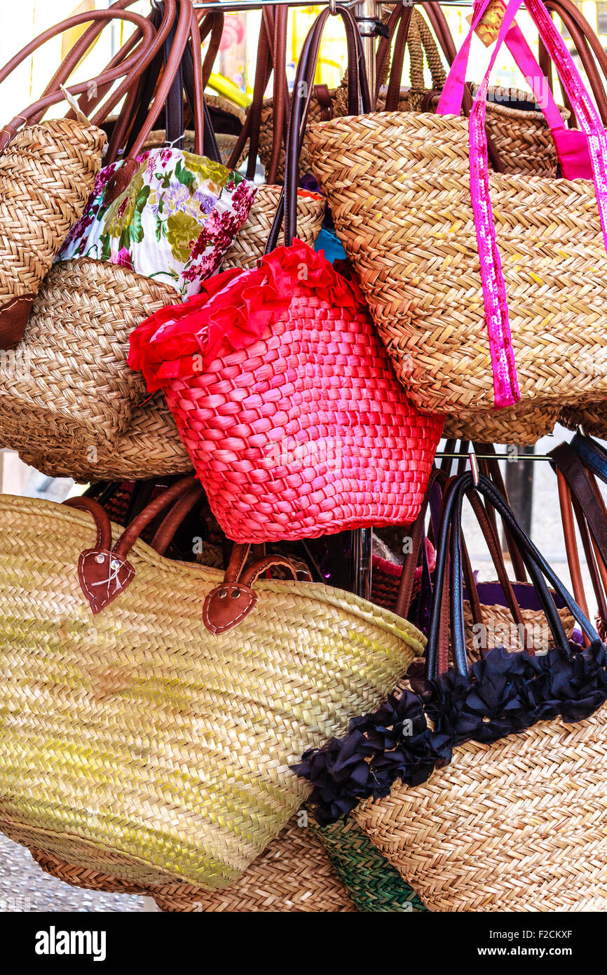 Colorful decorated straw bags shopping Stock Photo - Alamy