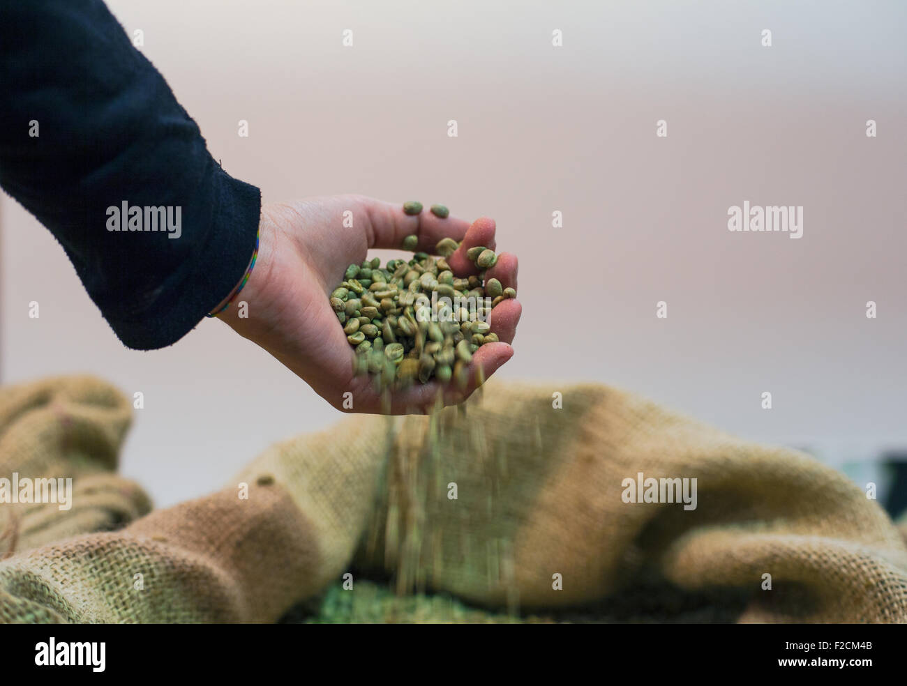 Hand touching coffee beans inside the jute bag Stock Photo - Alamy