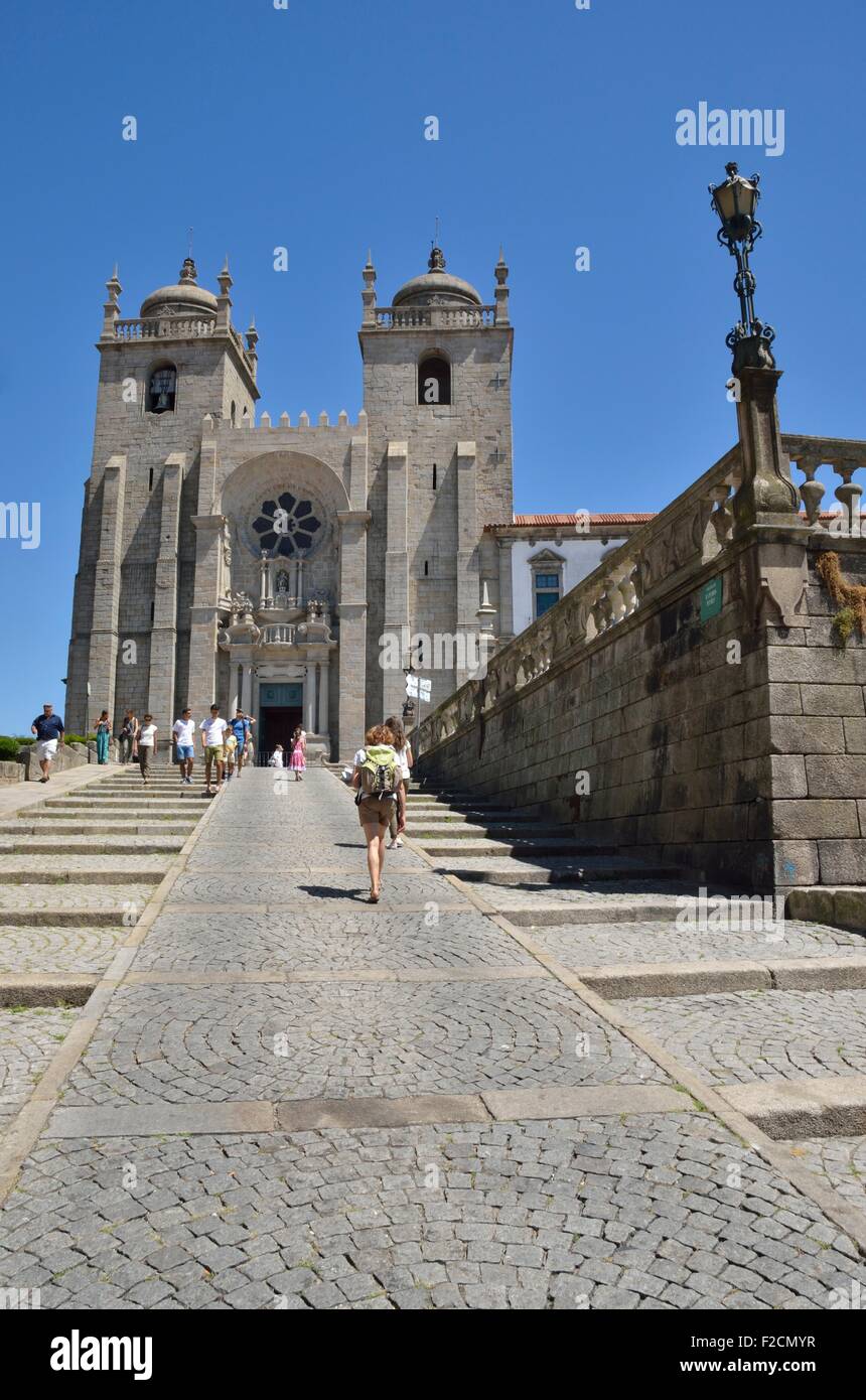 Facade of the Cathedral of Porto, Portugal. The building is one of the ...