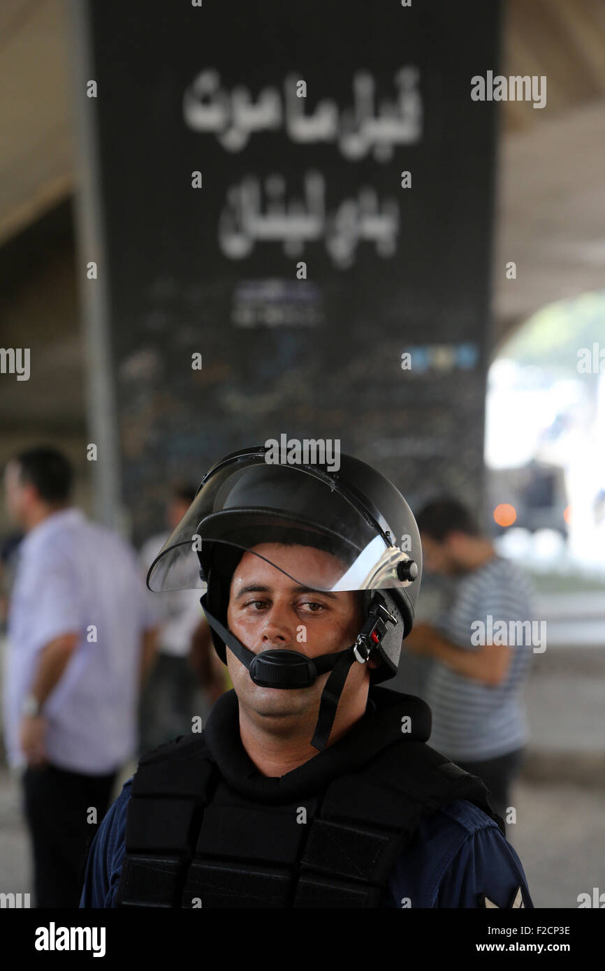 Beirut, Beirut, Lebanon. 16th Sep, 2015. Riot police stand guard as ...