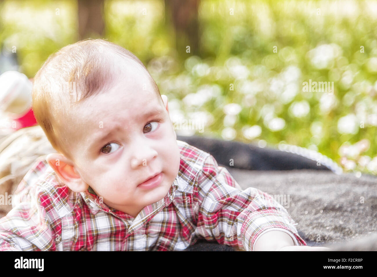 Funny face of cute 6 months old baby with Light brown hair in red ...