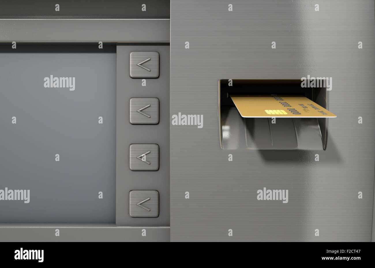 A closeup view of a generic atm facade with a bank card being iserted ...