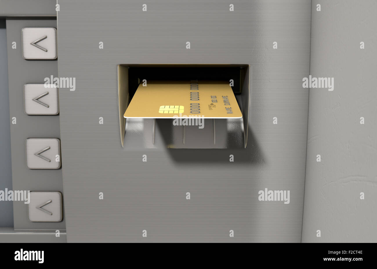 A closeup view of a generic atm facade with a bank card being iserted ...