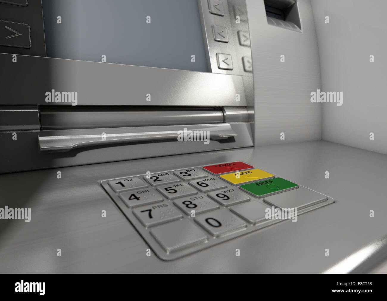 A closeup view of a generic atm facade with a blank sceen on an ...