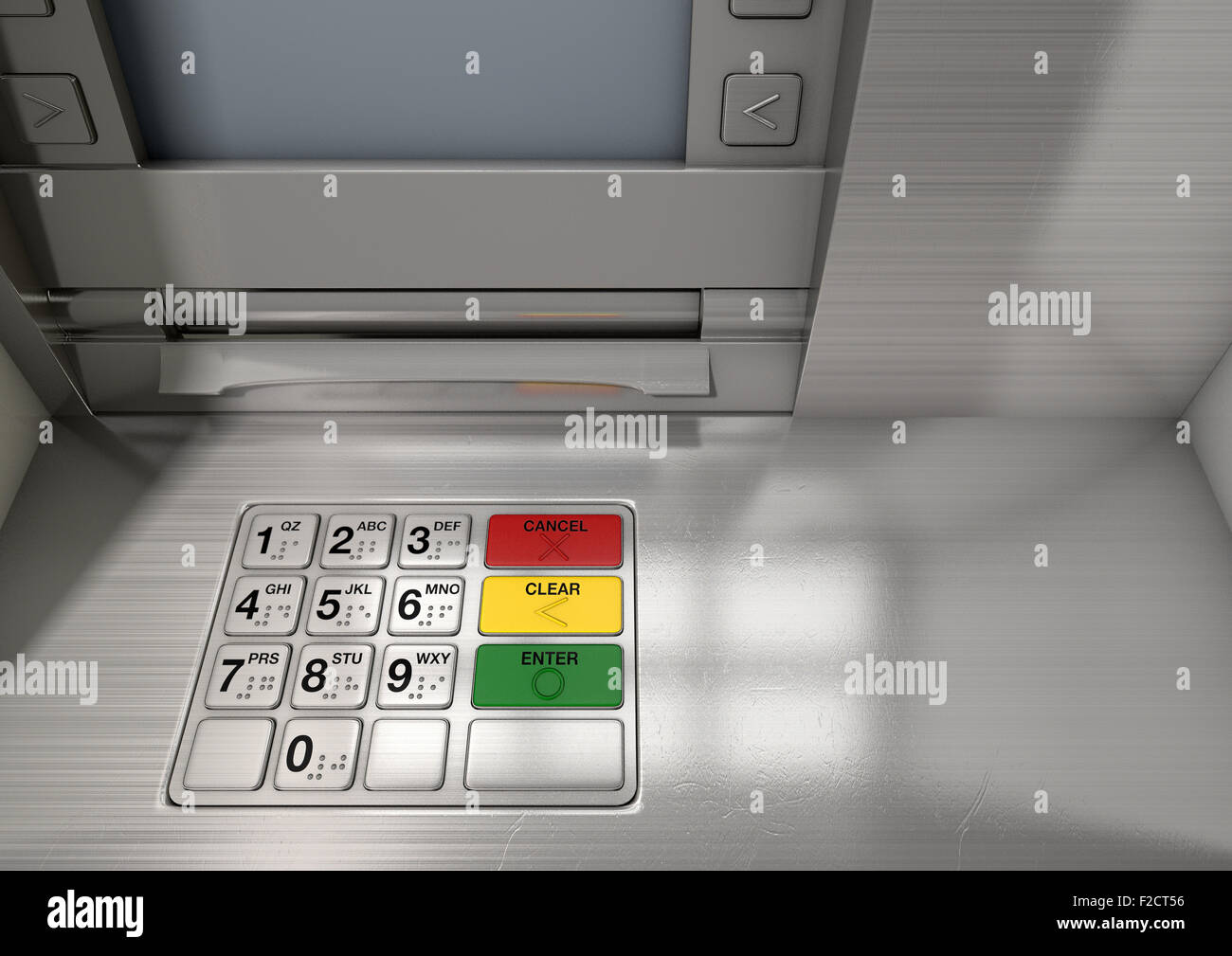A closeup view of a generic atm facade with a blank sceen on an ...