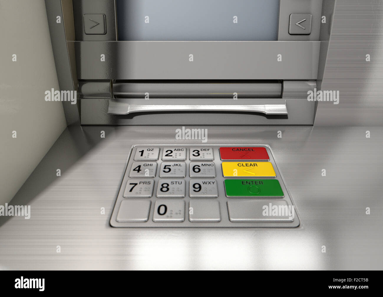 A closeup view of a generic atm facade with a blank sceen on an ...