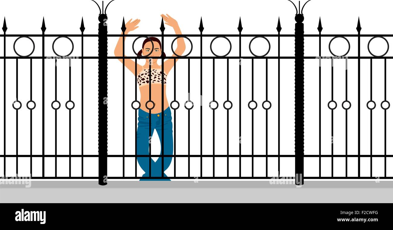 Illustration girl behind a fence Stock Vector Image & Art - Alamy