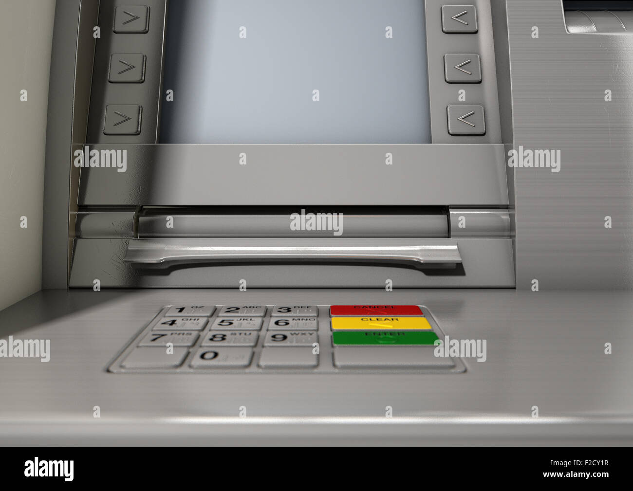 A closeup view of a generic atm facade with a blank sceen on an ...