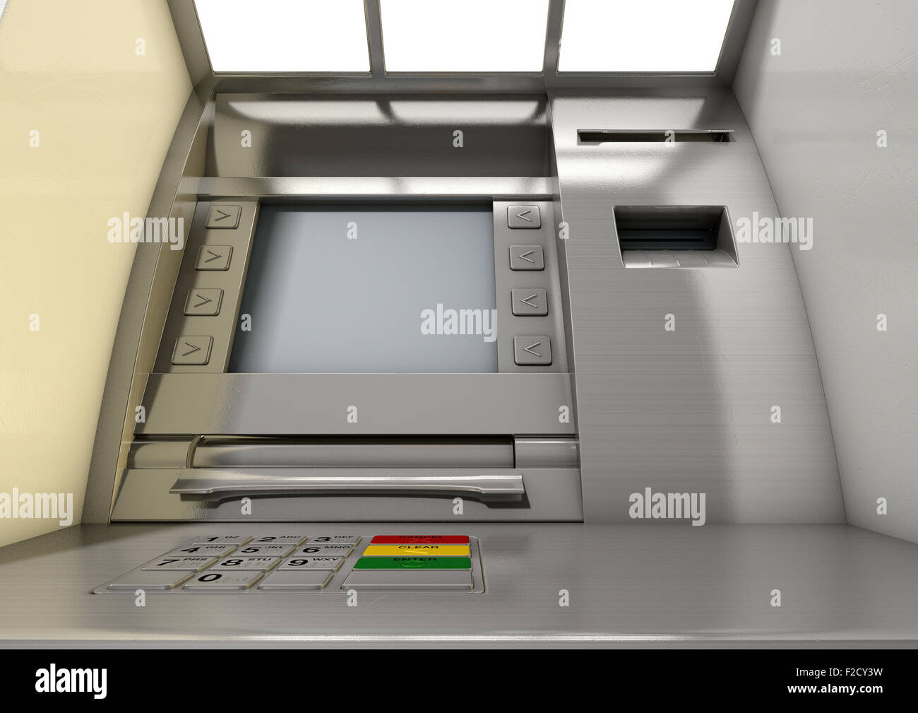 A closeup view of a generic atm facade with a blank sceen on an ...