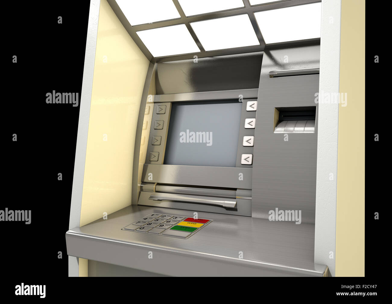 A closeup view of a generic atm facade with a blank sceen on an ...