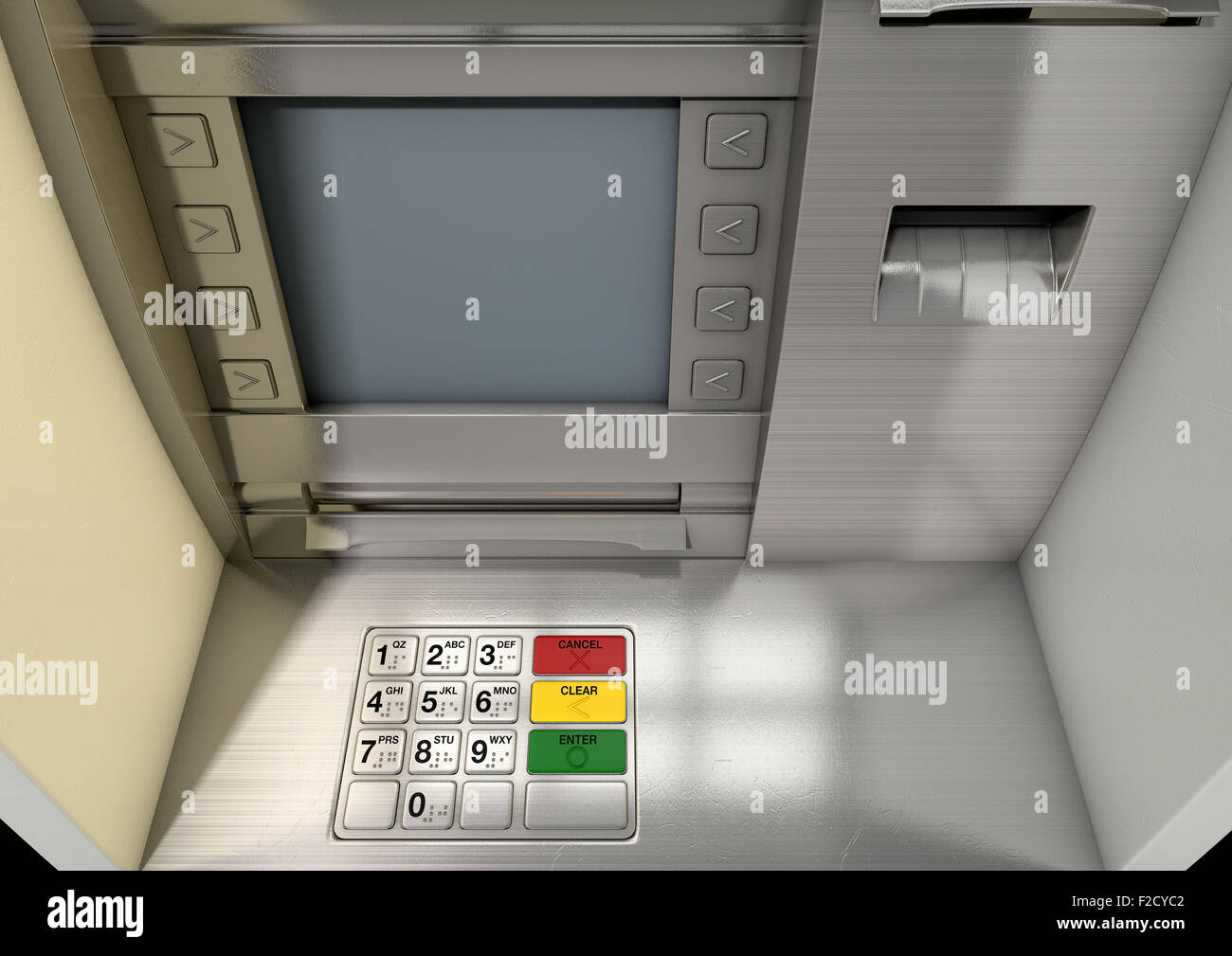 A closeup view of a generic atm facade with a blank sceen on an ...