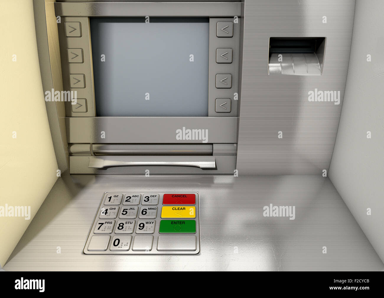 A closeup view of a generic atm facade with a blank sceen on an ...