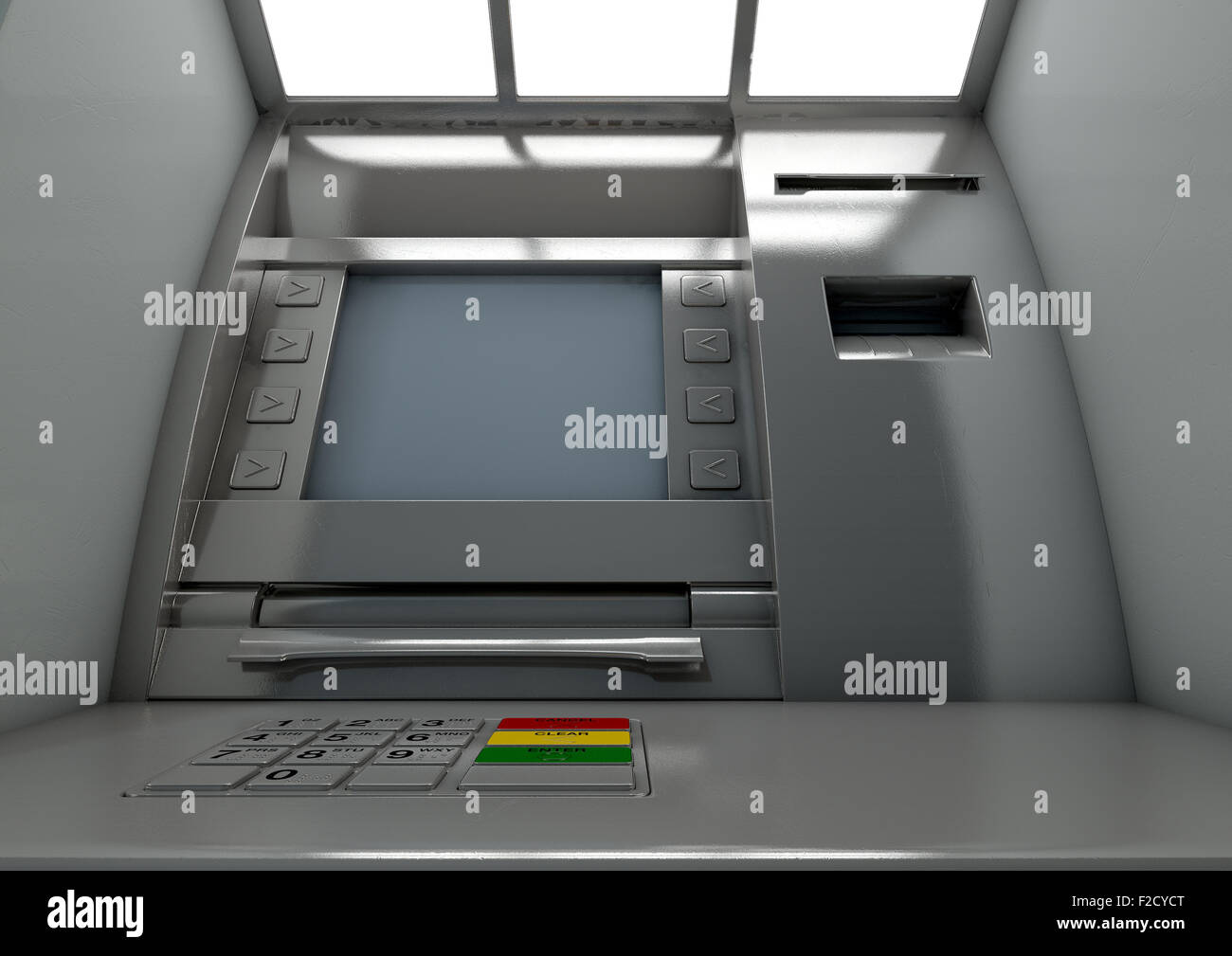 A closeup view of a generic atm facade with a blank sceen on an ...