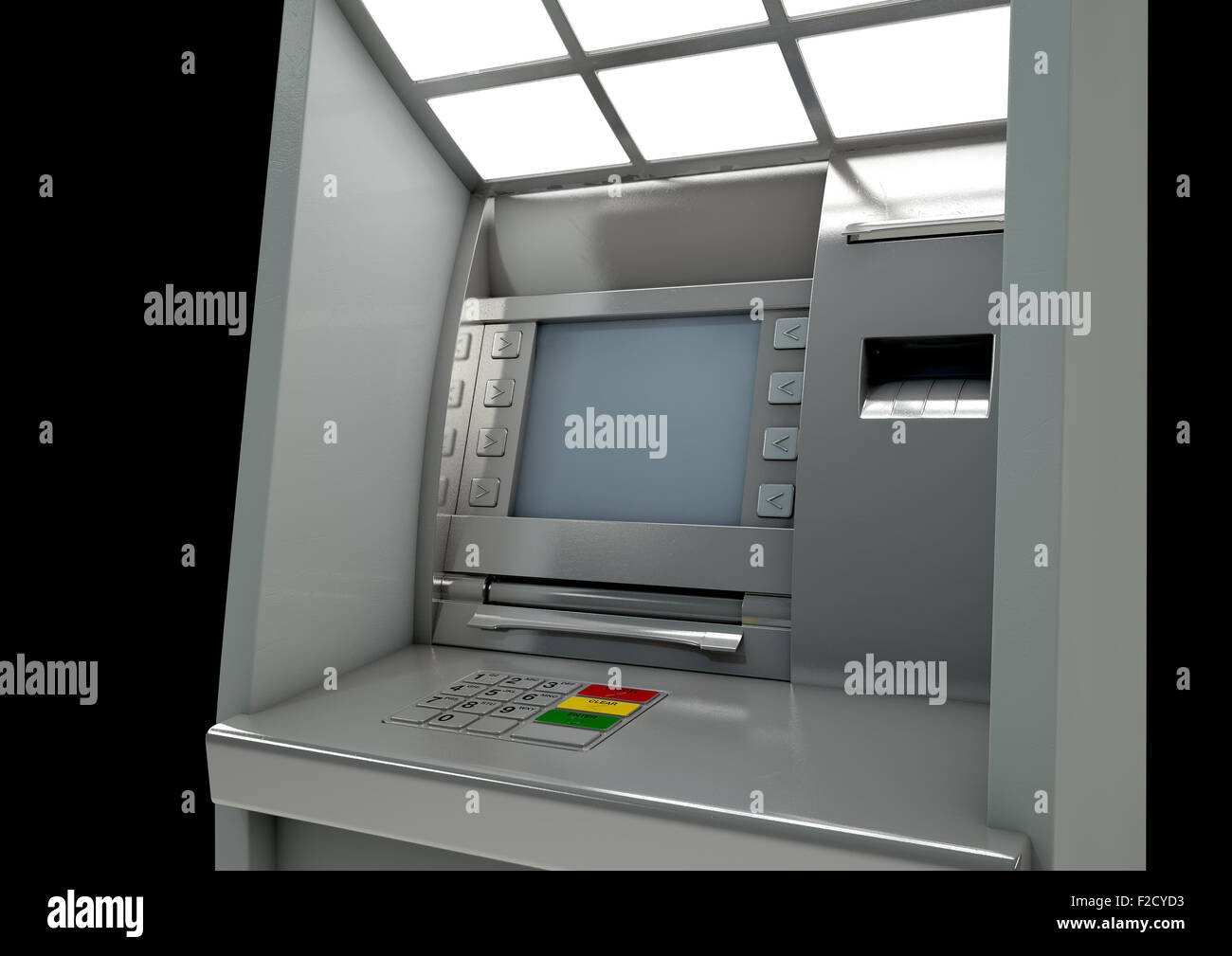 A closeup view of a generic atm facade with a blank sceen on an ...