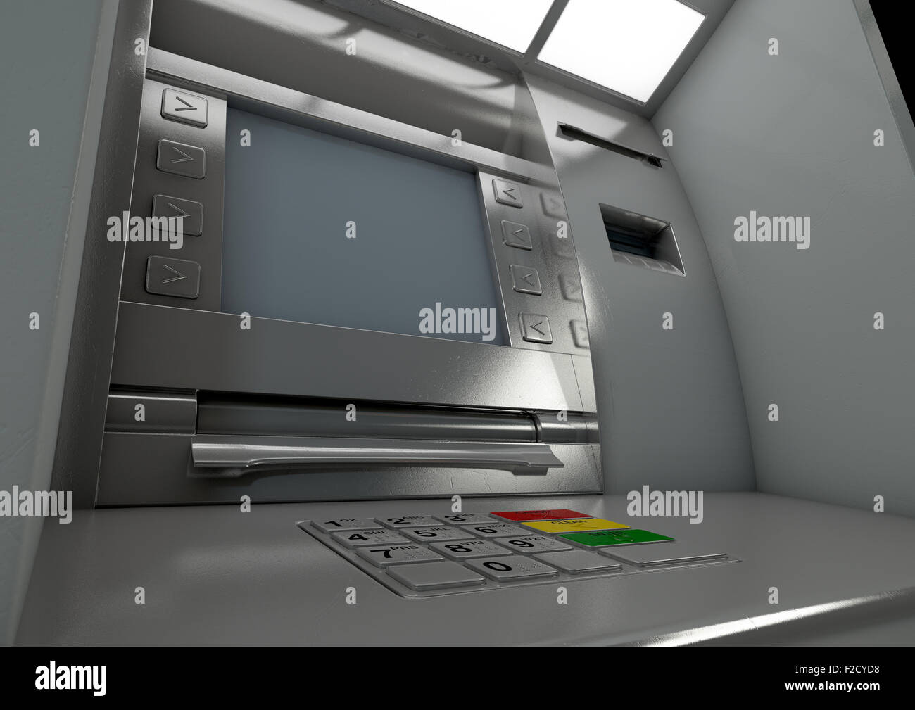 A closeup view of a generic atm facade with a blank sceen on an ...