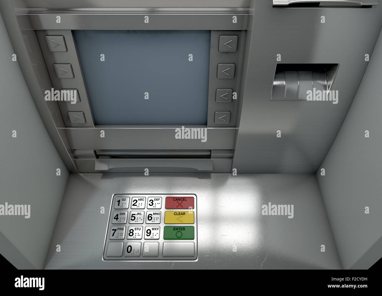 A closeup view of a generic atm facade with a blank sceen on an ...