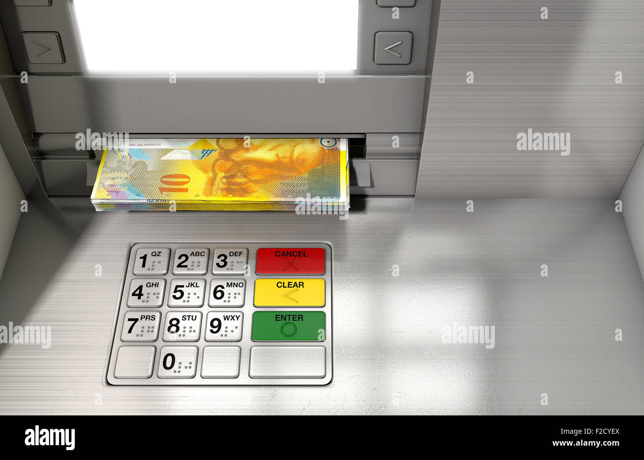 A closeup view of a generic atm facade with an illuminated sceen and ...