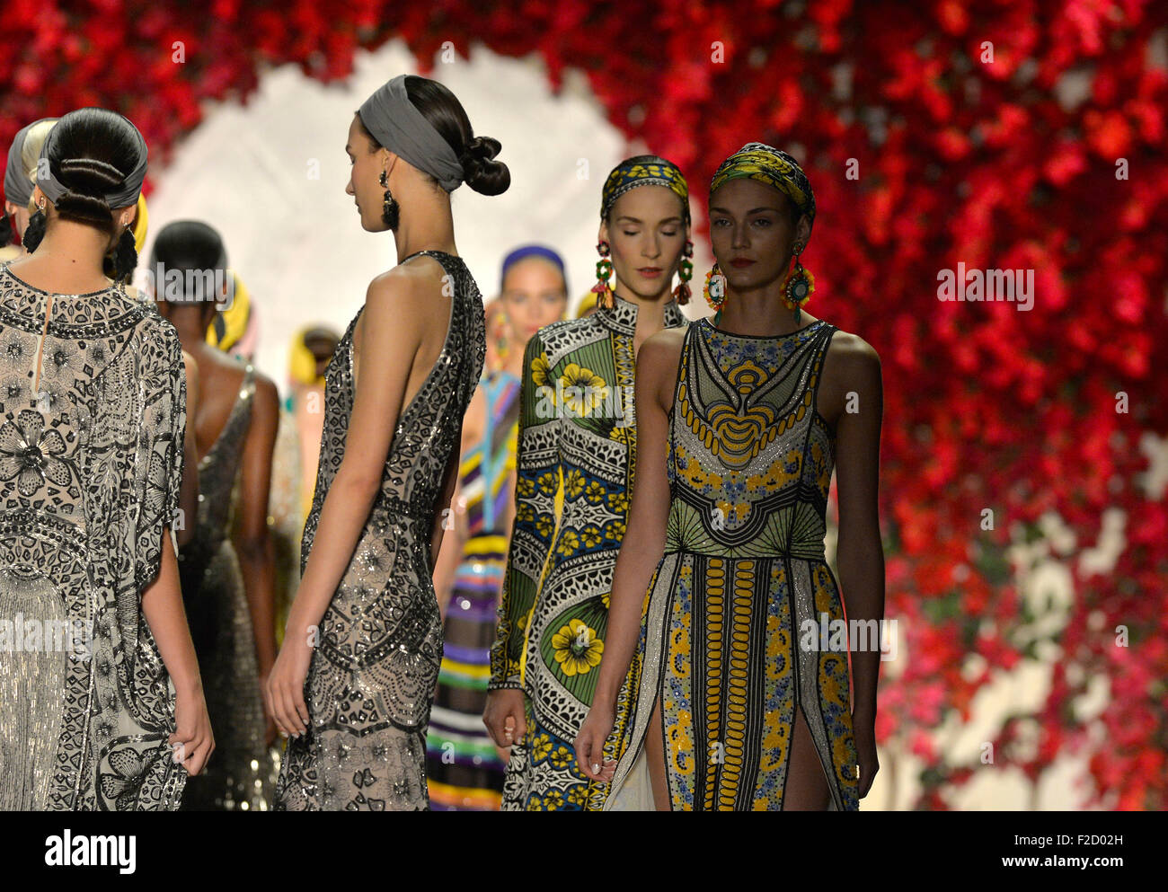 New York, USA. 16th Sep, 2015. Models present creations of the Spring ...