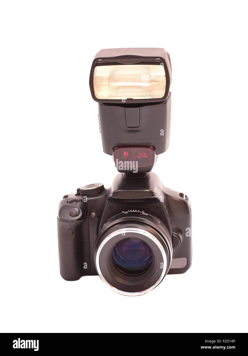 Photo camera and flash isolated on white background Stock Photo - Alamy