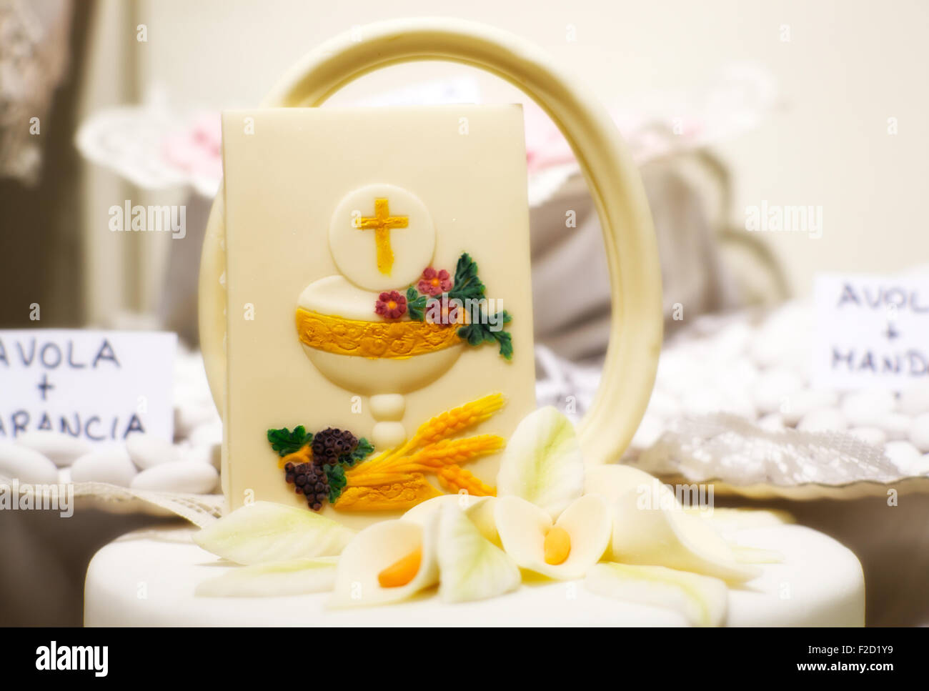 Cake and decorations for the celebration of First Communion Stock Photo ...