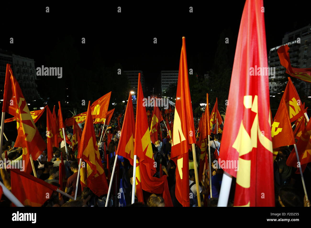Athens, Greece. 16th September 2015. KKE supporters wave KKE flags at ...