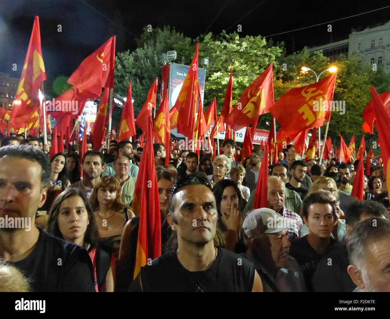 Athens, Greece. 16th Sep, 2015. KKE, Communist Party supporters of ...