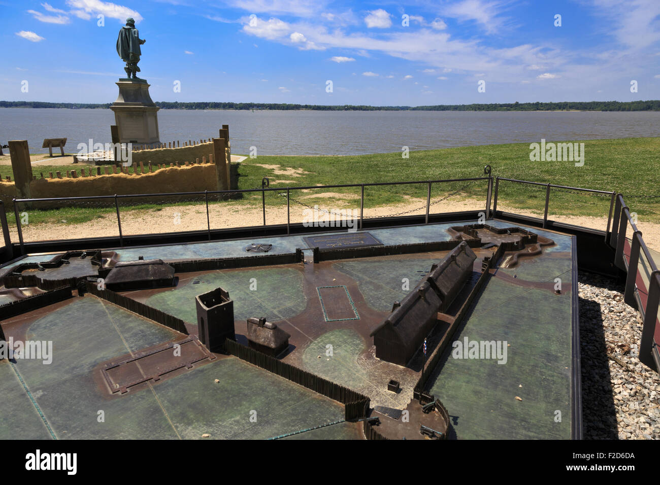 Model of Jamestown Settlement with statue of Captain John Smith in the ...