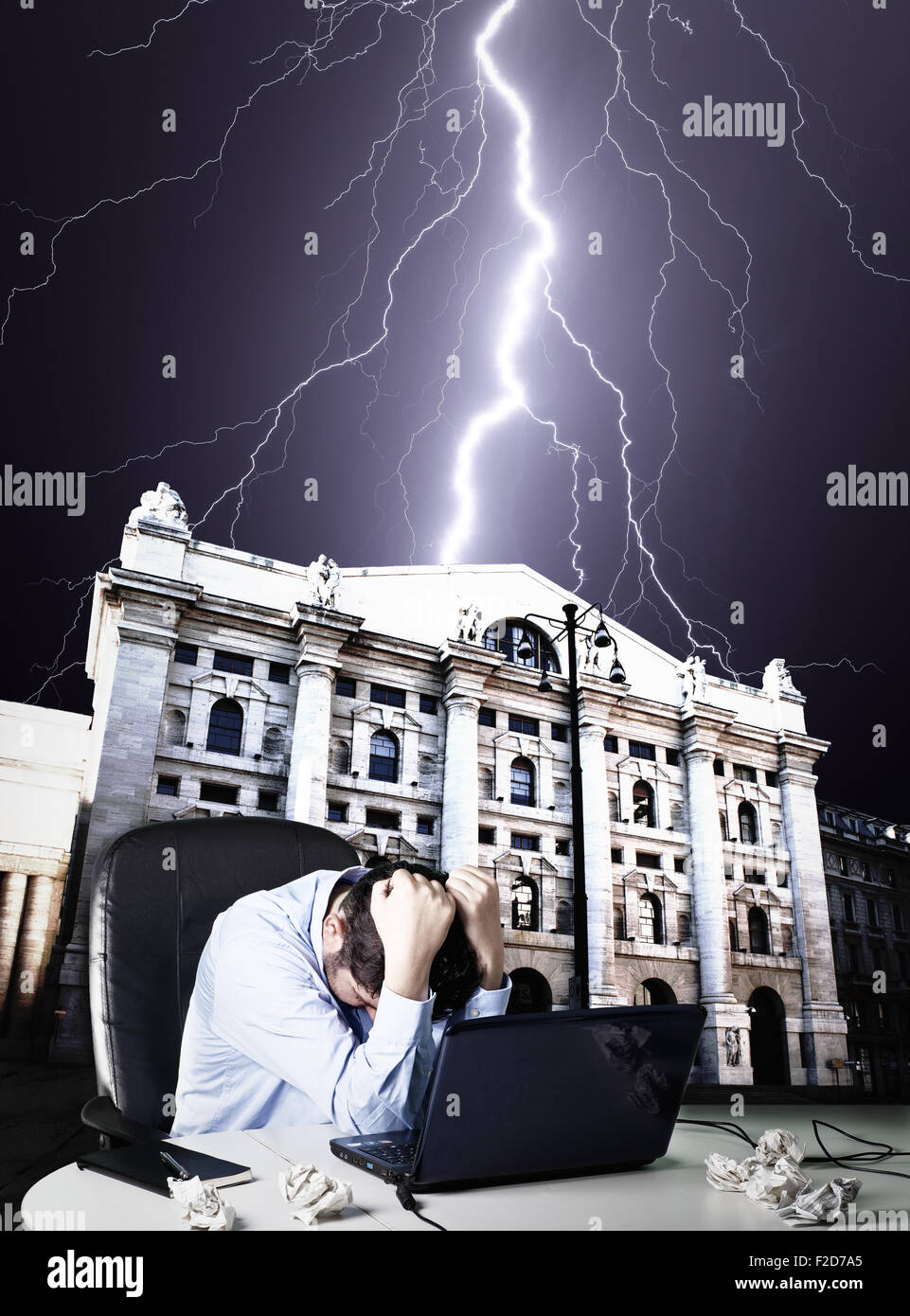 Frustrated businessman, Exchange building under thunderbolts in Milan ...