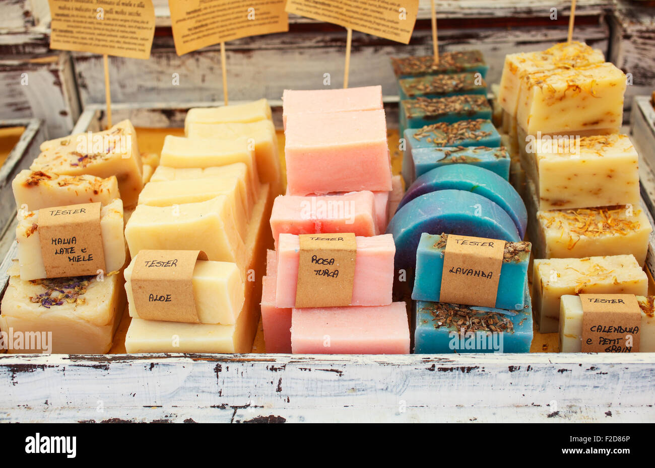 View of homemade soaps in the street market Stock Photo - Alamy