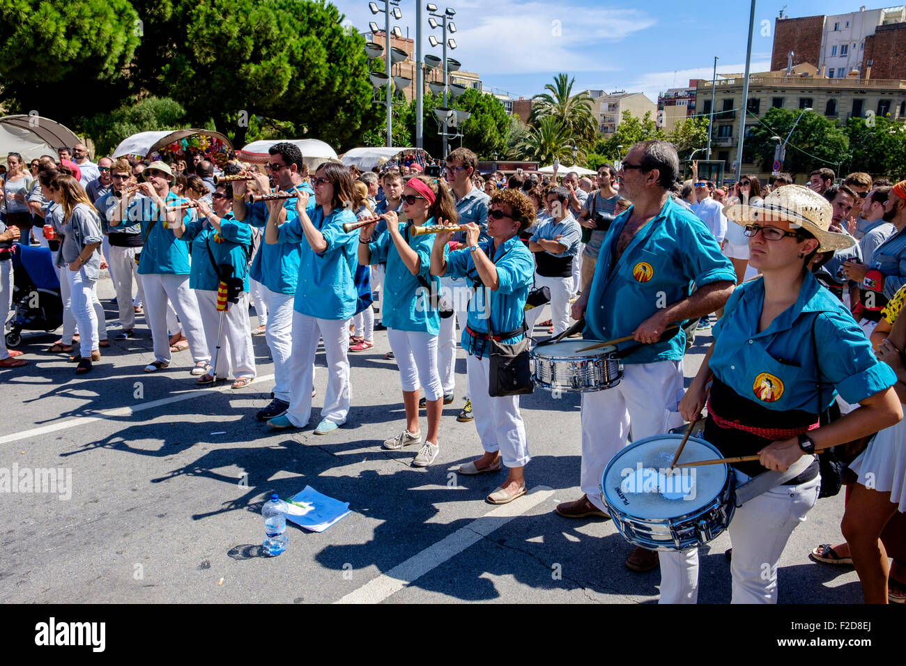 A traditional band plays to accompany the Castellers building human ...