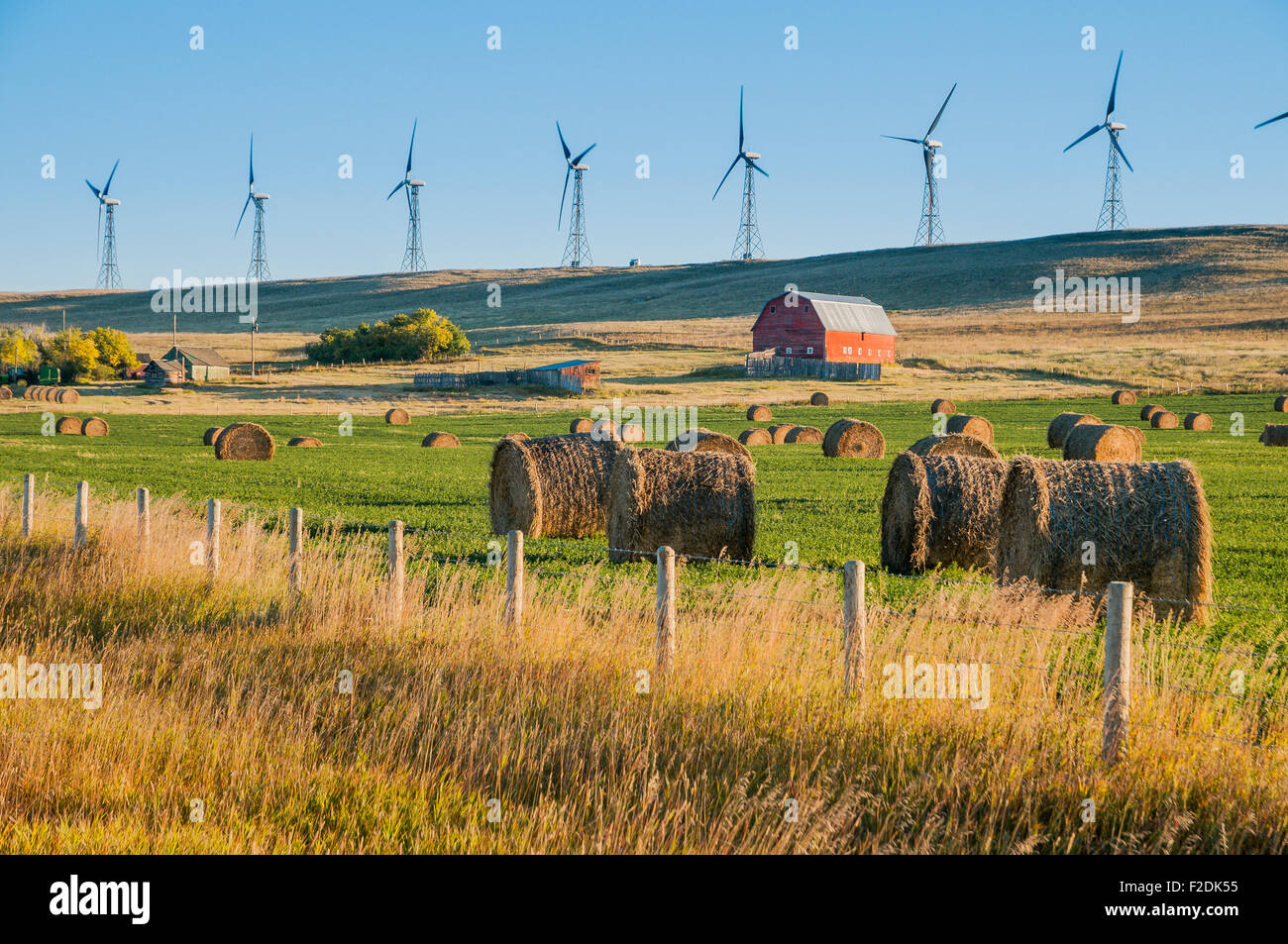 Hay bales and farm, with Cowley Ridge wind plant generator turbines in ...