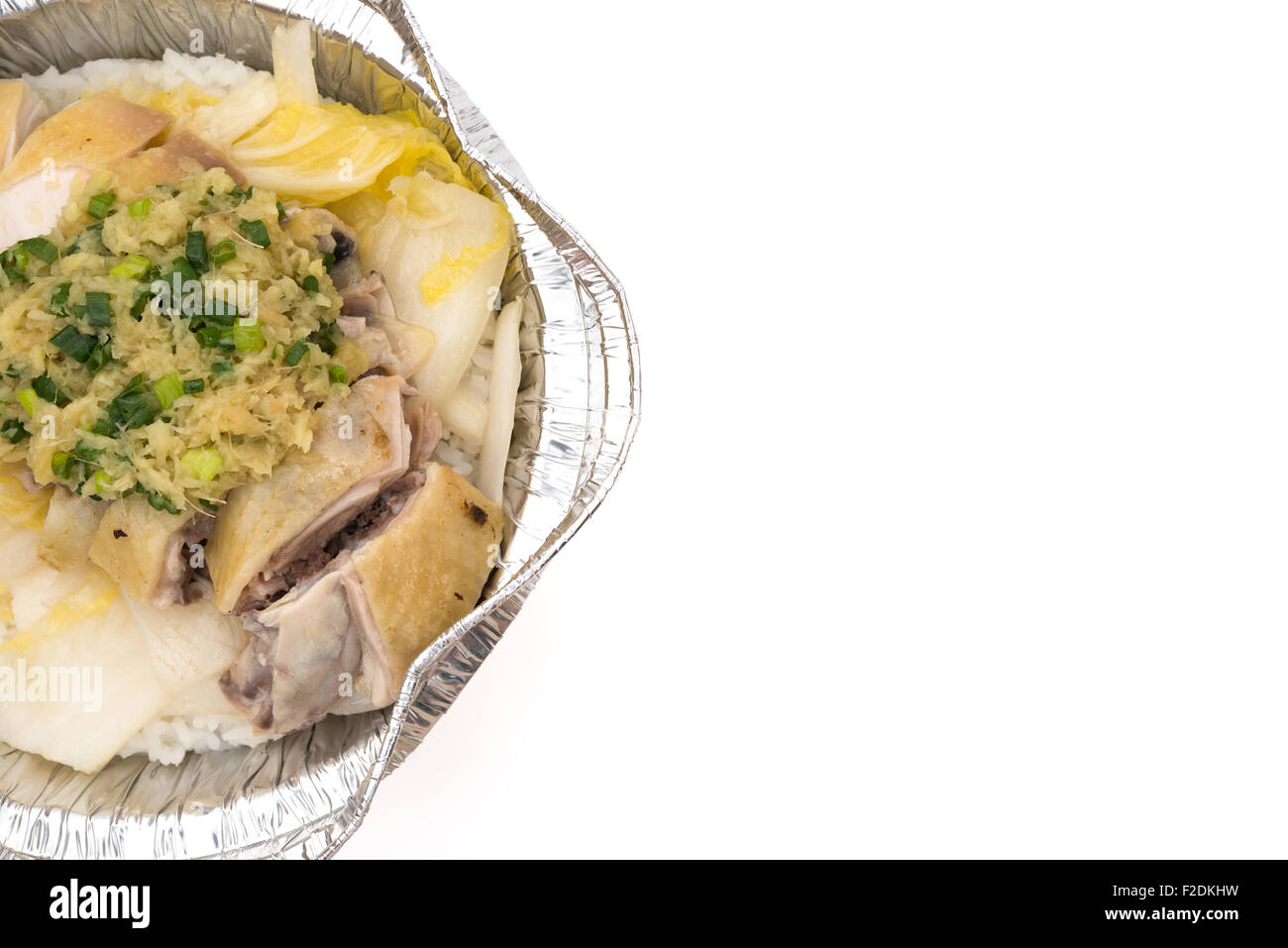 top view fast food of chicken meat with rice on white with clipping ...