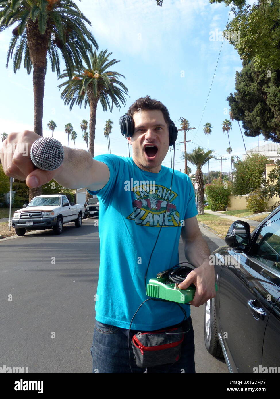 German YouTuber Flula Borg with his Mixpult and microphone on a street ...