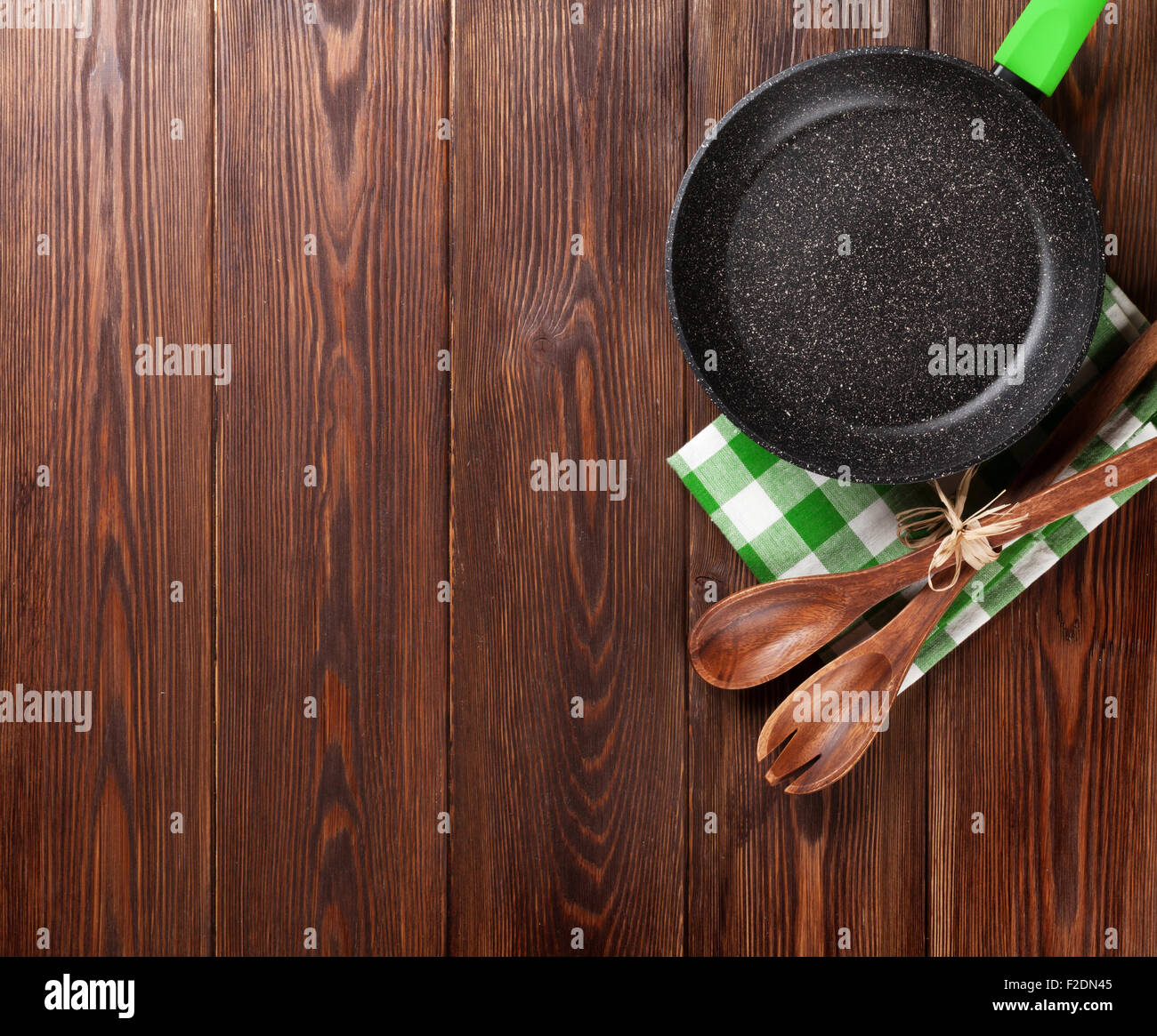Cooking utensil on wooden table. Top view with copy space Stock Photo ...