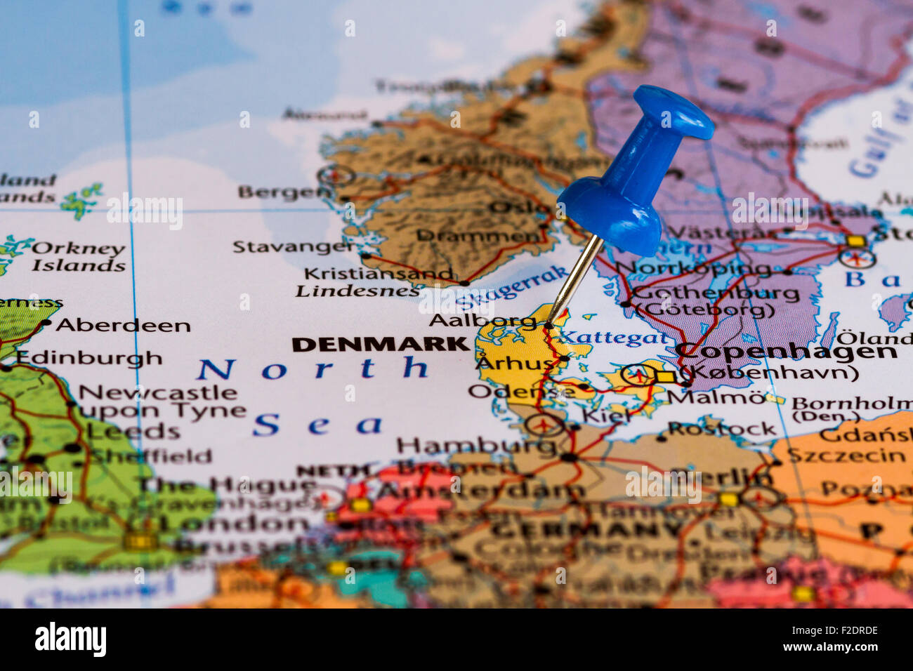 Map of Denmark with a blue pushpin stuck Stock Photo - Alamy