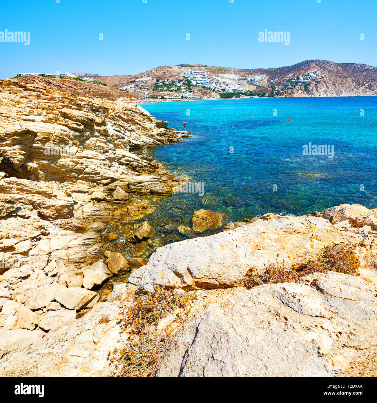 in greece the mykonos island rock sea and beach sky Stock Photo - Alamy