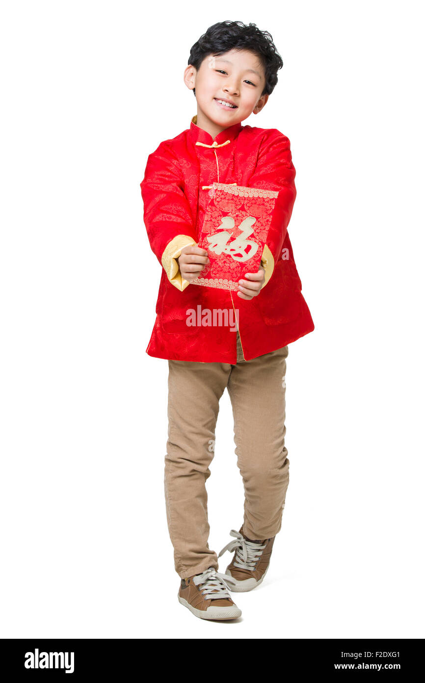 Happy boy holding a red envelope Stock Photo - Alamy