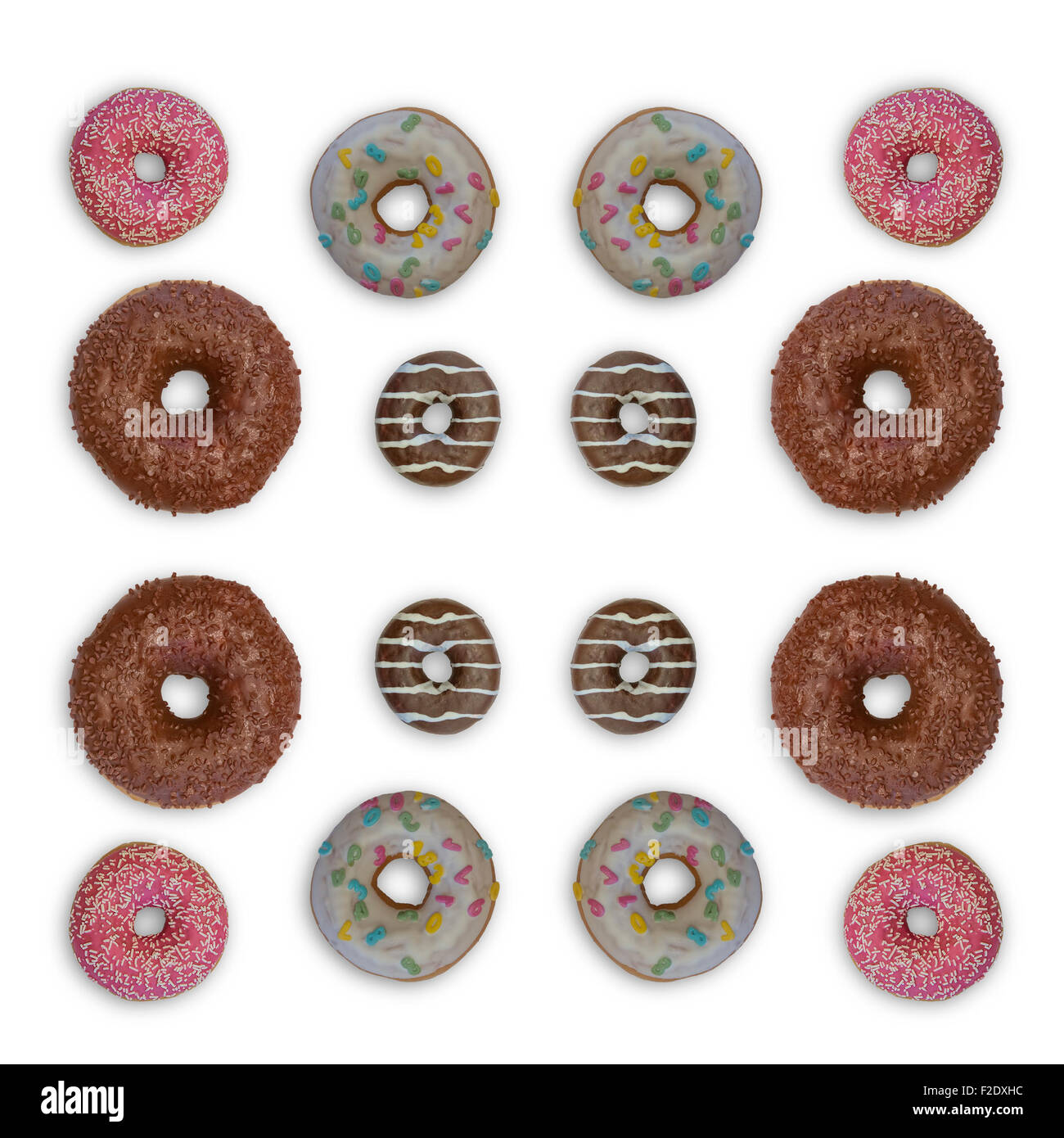 Food background geometric symmetric pattern made of donuts isolated on ...