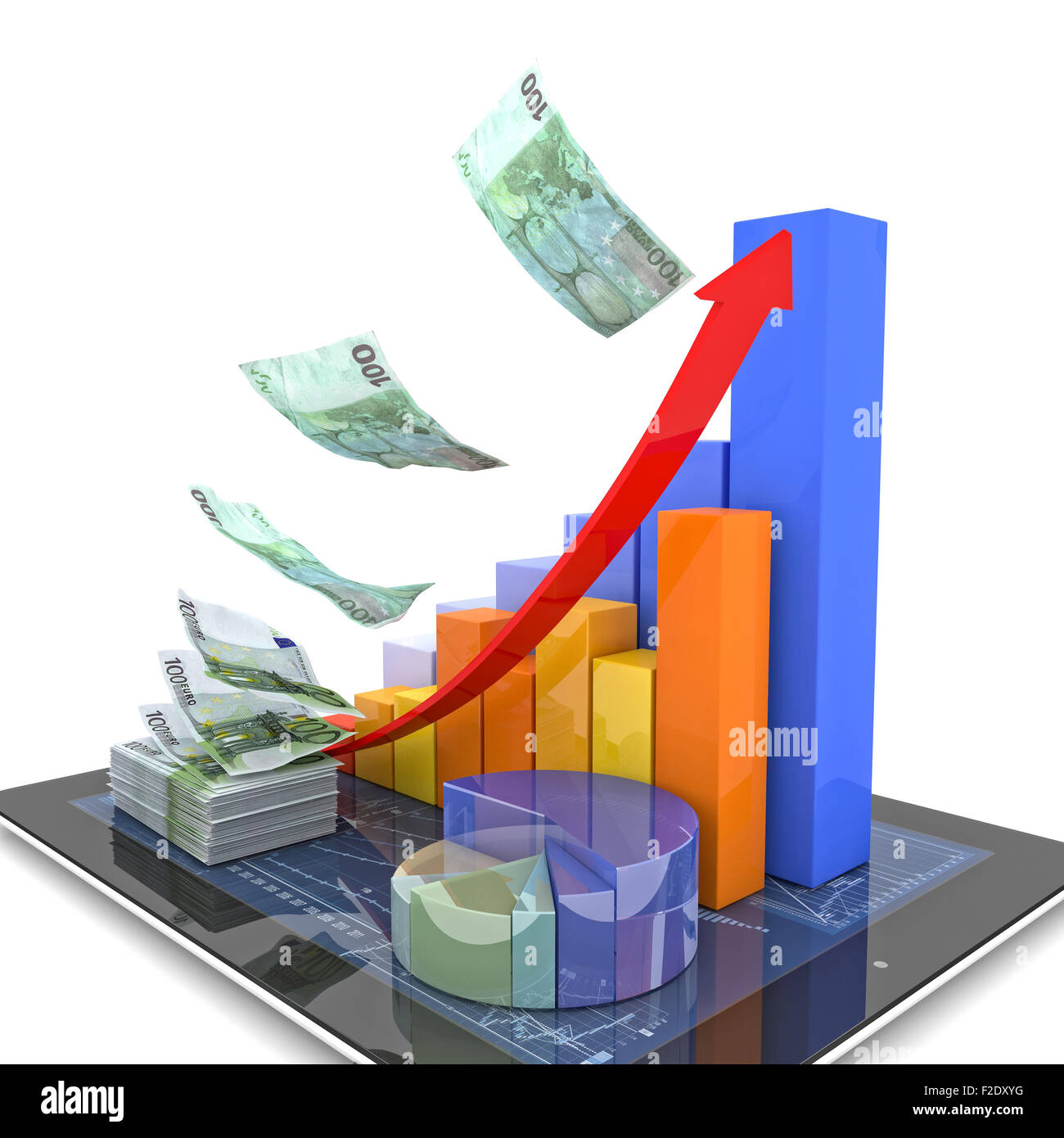 3d image of tablet money and financial chart Stock Photo - Alamy