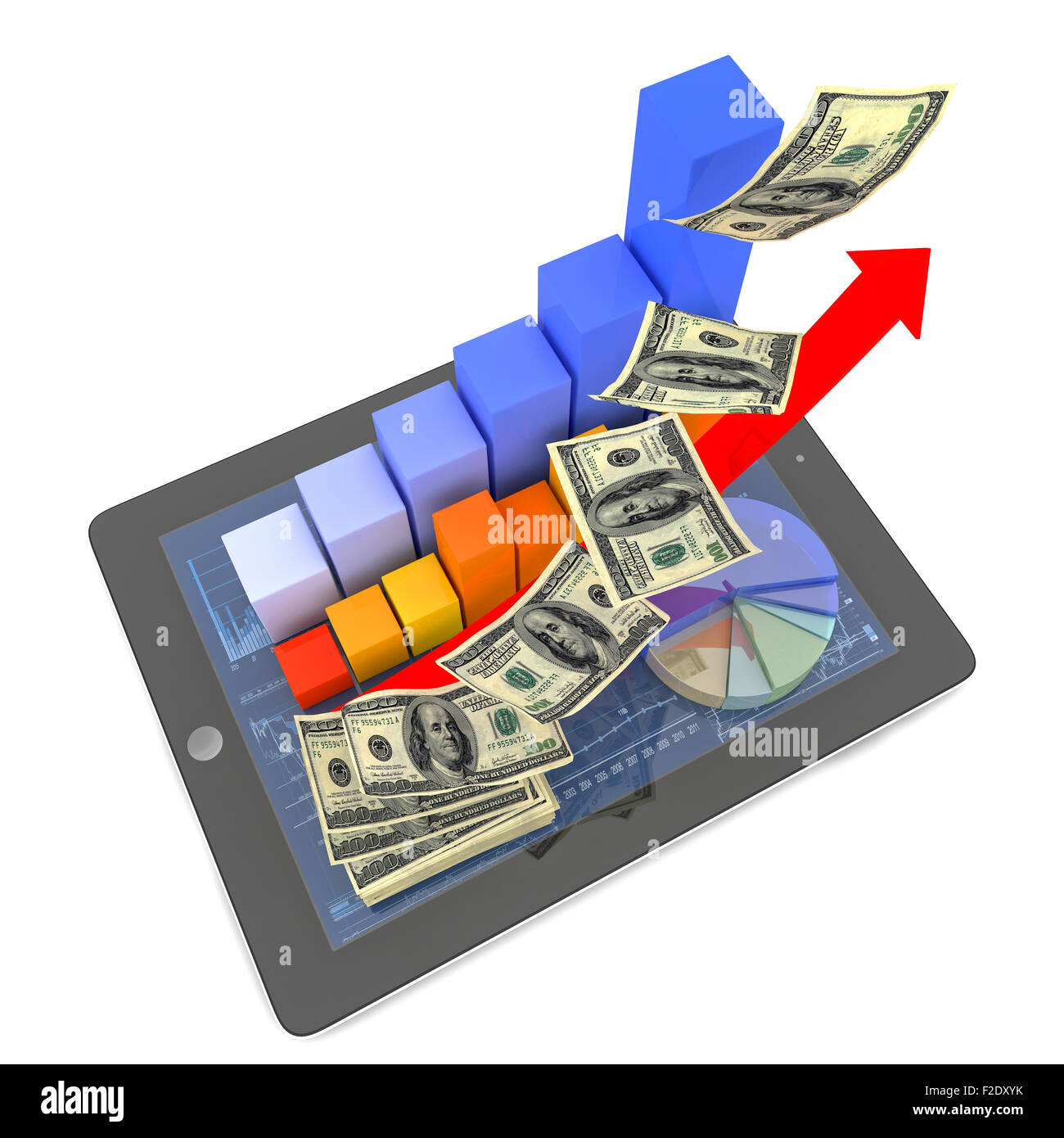 3d image of tablet money and financial chart Stock Photo - Alamy