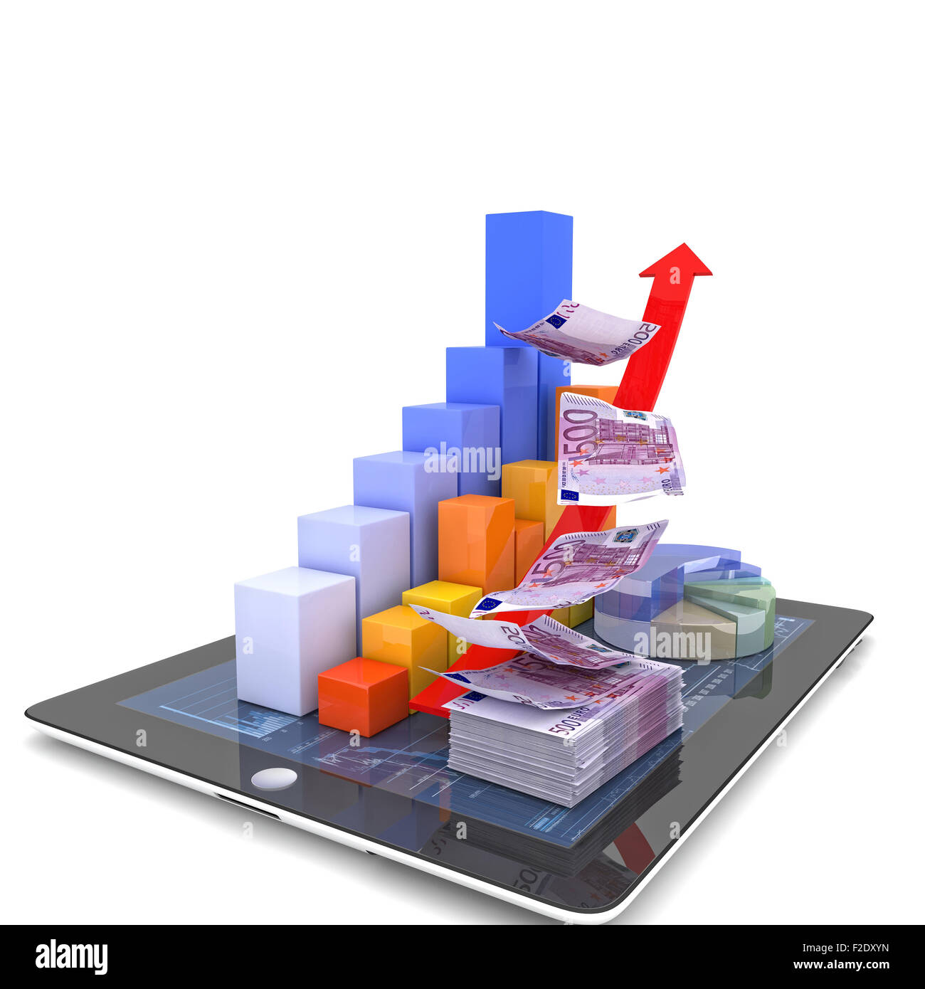 3d image of tablet money and financial chart Stock Photo - Alamy