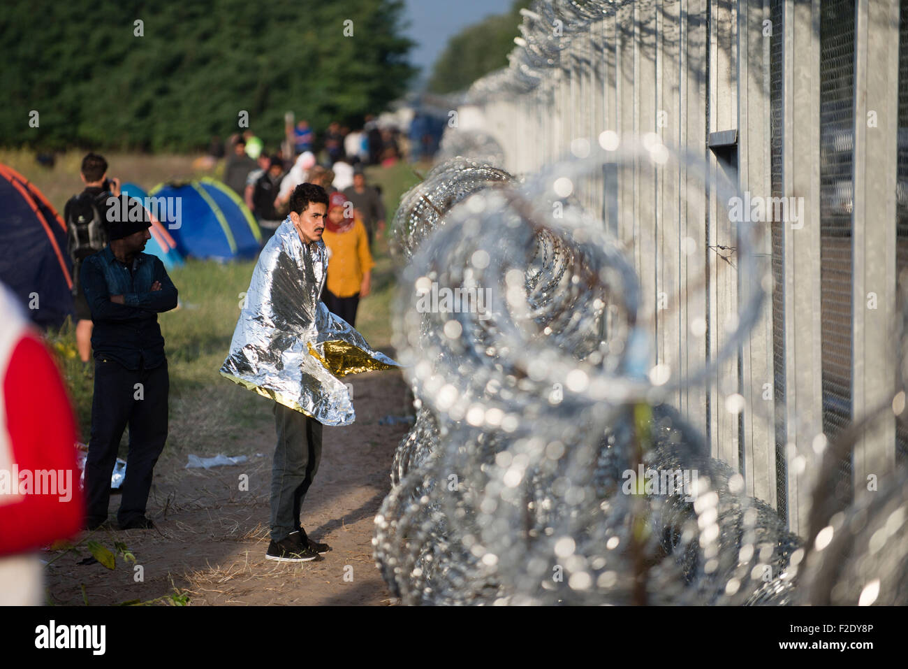 A man stands beneath the Hungarian-Serbian border fence at the border ...