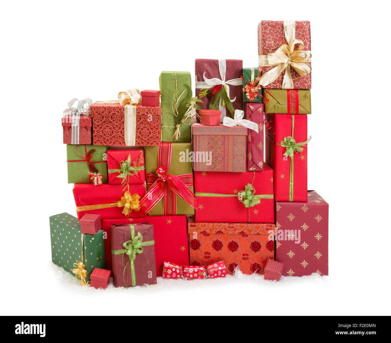Beautiful stack of christmas presents with ribbons and bows Stock Photo ...