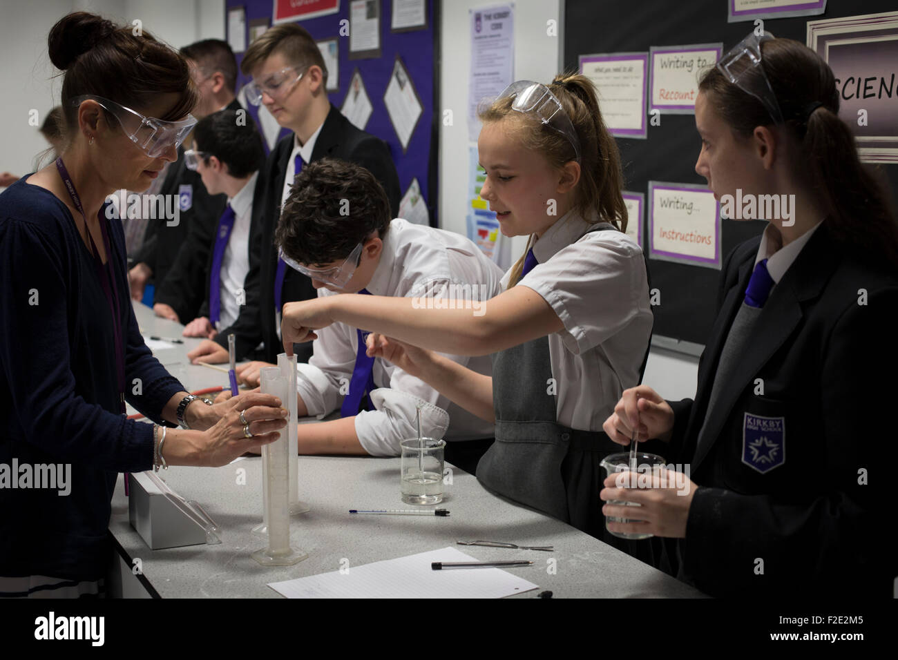 Pupils pictured during a Year 9 science class at Kirkby High School ...