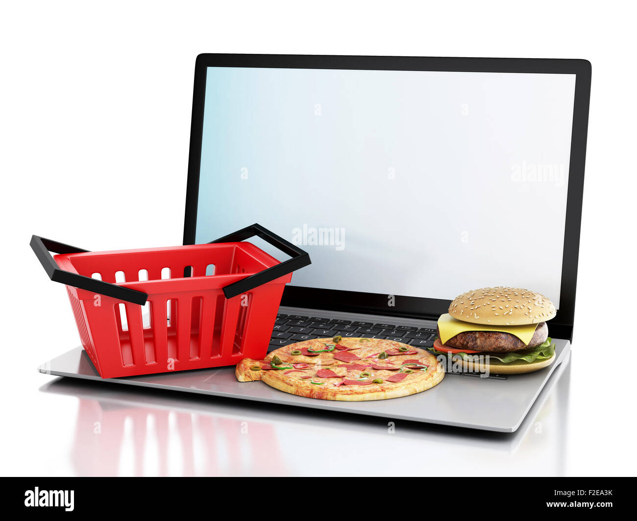 3d renderer image. Laptop and food. Online and Internet food delivery ...