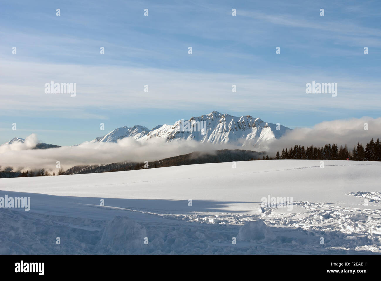 A picturesque winter scene in the Dolomites region of Northern Italy ...
